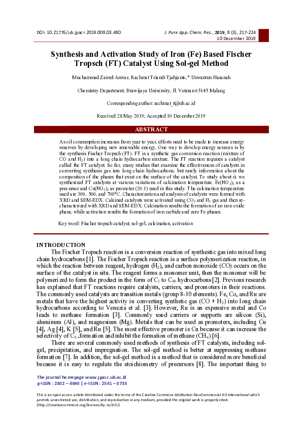 (PDF) Fe-Based Fischer Tropsch Catalyst Synthesis and Activation Study