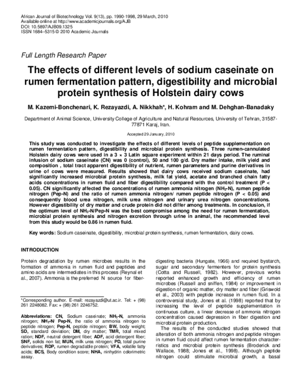 (PDF) The effects of different levels of sodium caseinate on rumen fermentation pattern ...