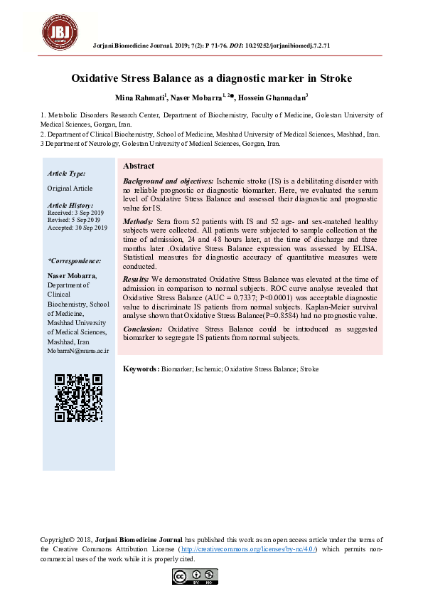 (PDF) Oxidative Stress Balance as a diagnostic marker in Stroke
