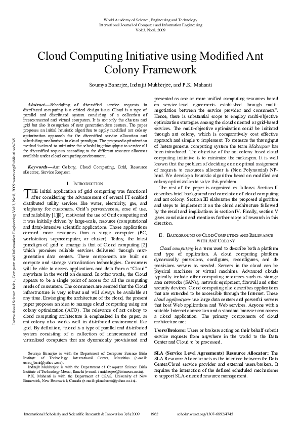 (PDF) Cloud Computing Initiative Using Modified Ant Colony Framework