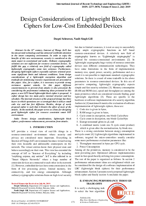 (PDF) Design Considerations of Lightweight Block Ciphers for Low-Cost Embedded Devices
