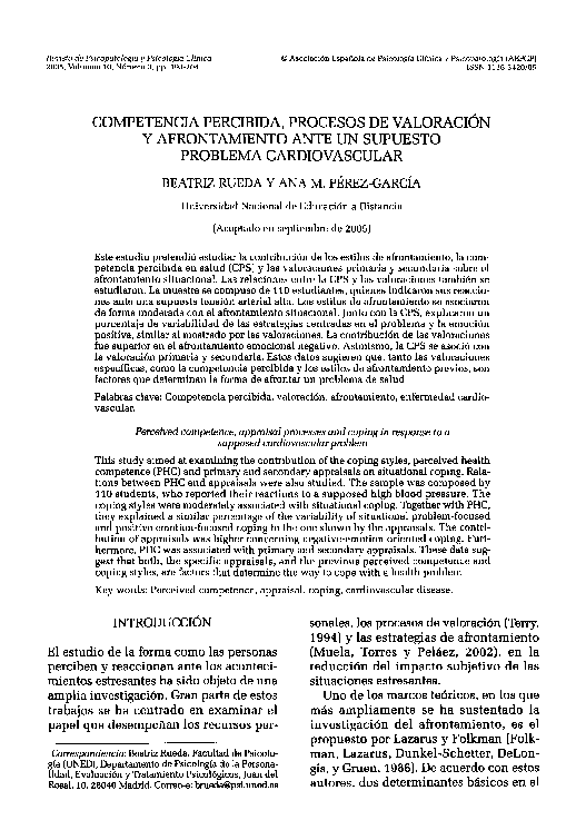 (PDF) Competencia percibida, procesos de valoración y afrontamiento ...