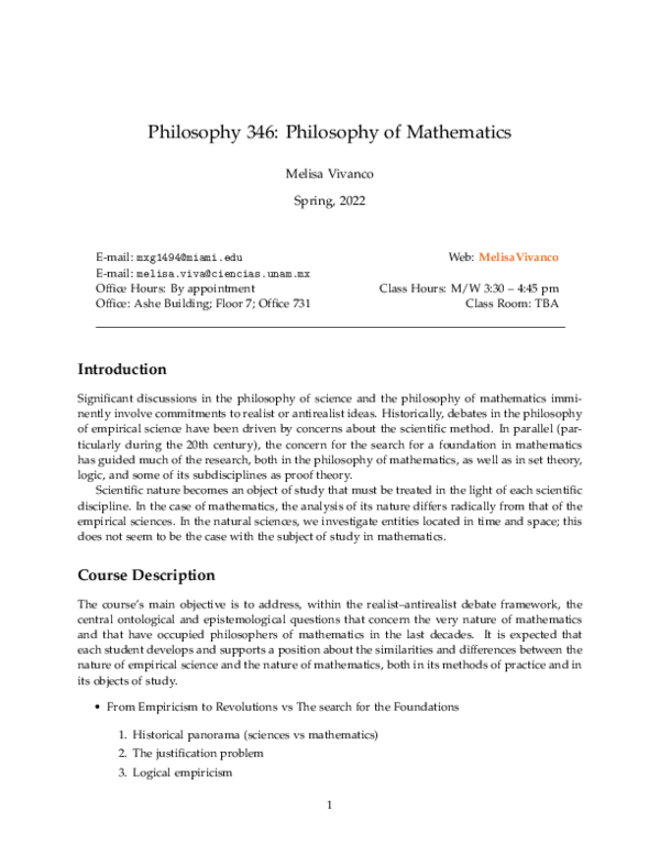 (PDF) Philosophy 346: Philosophy of Mathematics