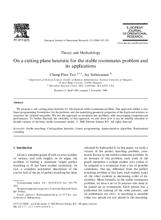 (PDF) On a cutting plane heuristic for the stable roommates problem and ...