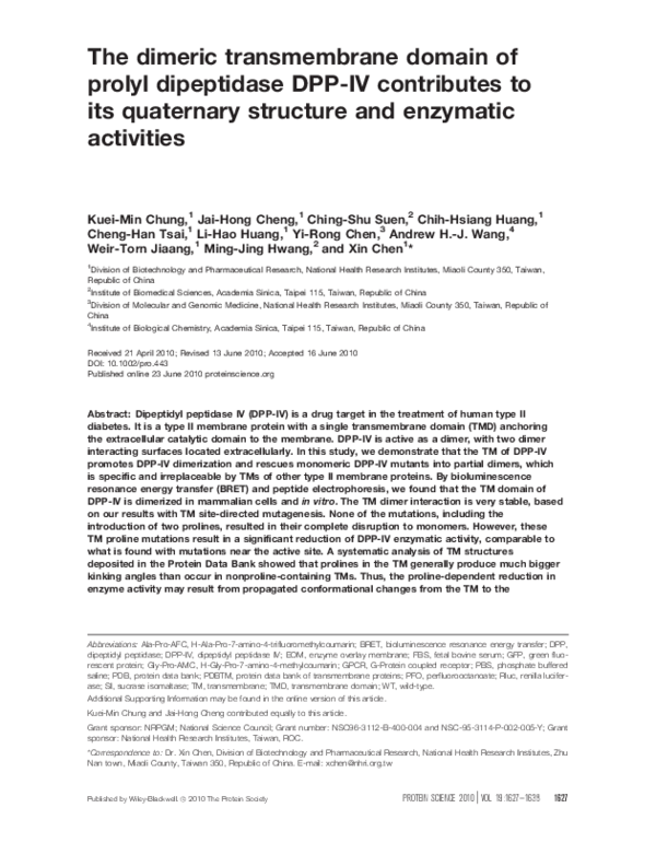 (PDF) The dimeric transmembrane domain of prolyl dipeptidase DPP-IV ...