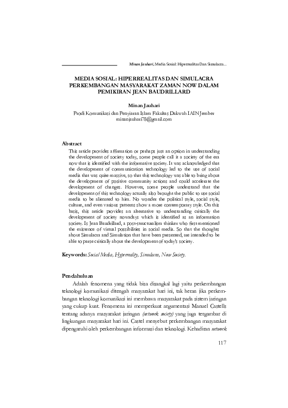 (PDF) Media Sosial: Hiperrealitas dan Simulacra Perkembangan Masyarakat Zaman Now Dalam ...