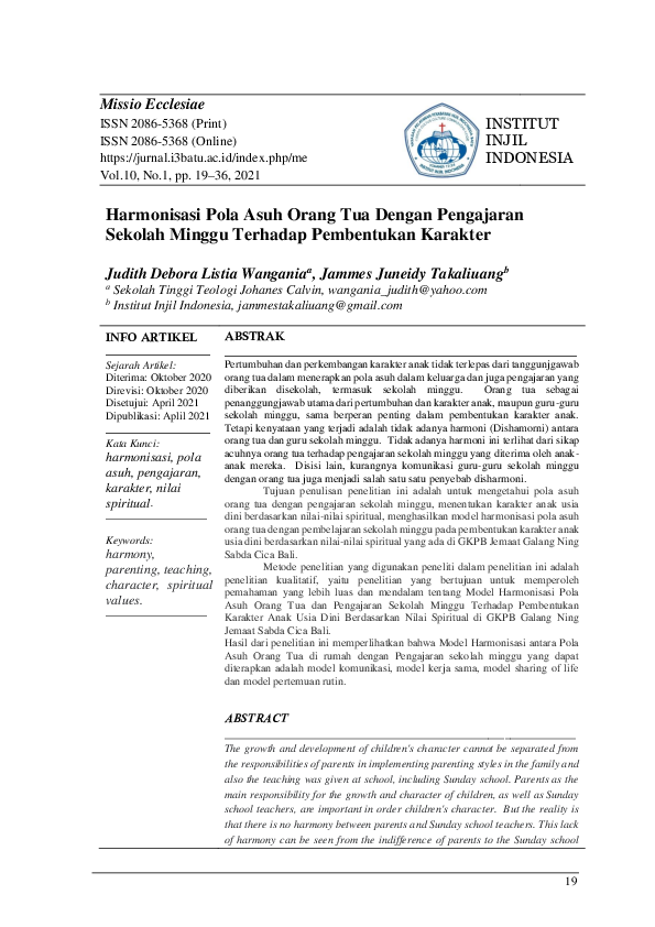 (PDF) Harmonisasi Pola Asuh Orang Tua Dengan Pengajaran Sekolah Minggu Terhadap Pembentukan ...