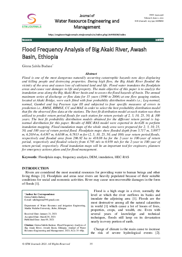 (PDF) Flood Frequency Analysis of Big Akaki River, Awash Basin, Ethiopia