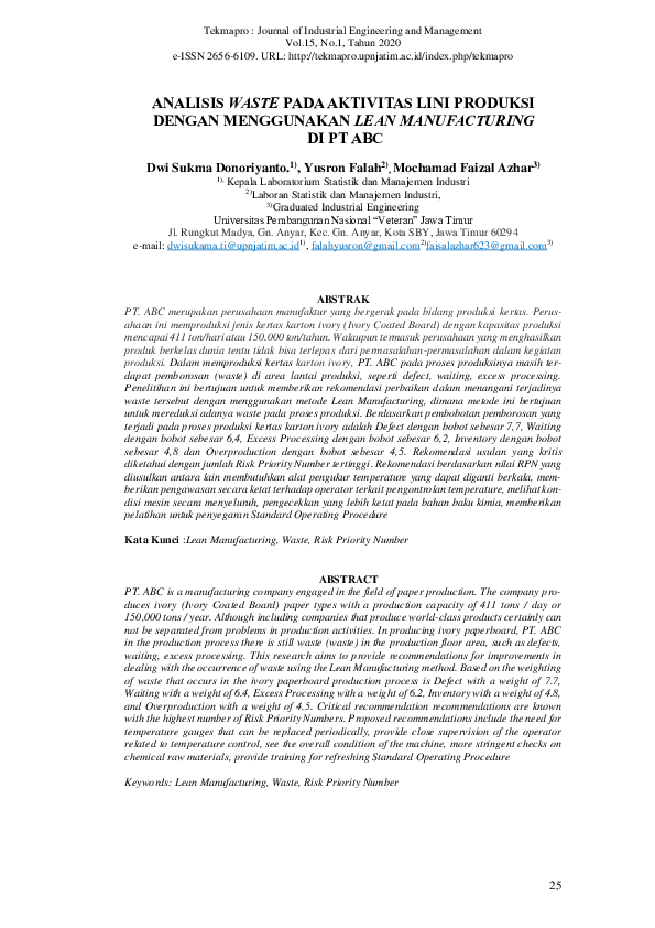 (PDF) Analisis Waste Pada Aktivitas Lini Produksi Dengan Menggunakan Lean Manufacturing DI PT Abc