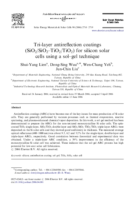 Pdf Tri Layer Antireflection Coatings Sio2sio2tio2tio2 For 4987