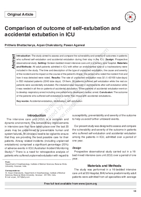 (PDF) Comparison of outcome of self-extubation and accidental ...