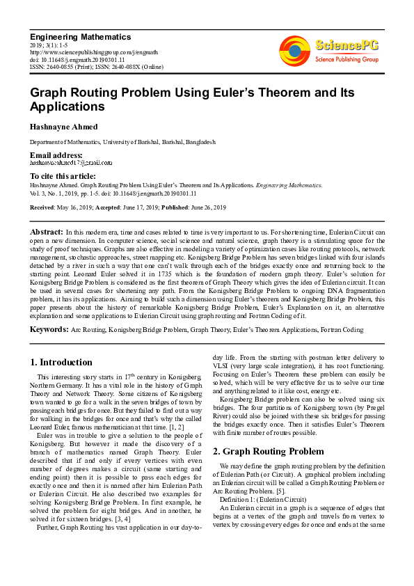 (PDF) Graph Routing Problem Using Euler’s Theorem and Its Applications