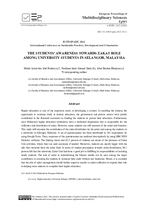 (PDF) The Students' Awareness Towards Zakat Role Among University Students In Selangor, Malaysia ...
