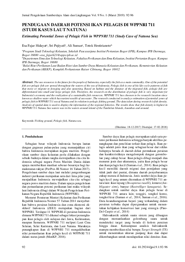 (PDF) Estimating Potential Zones of Pelagic Fish in WPPNRI 711 (Study Case of Natuna Sea)