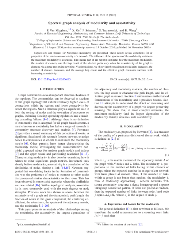 (PDF) Spectral graph analysis of modularity and assortativity