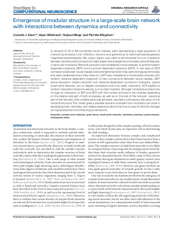 (PDF) Emergence of modular structure in a large-scale brain network with interactions between ...