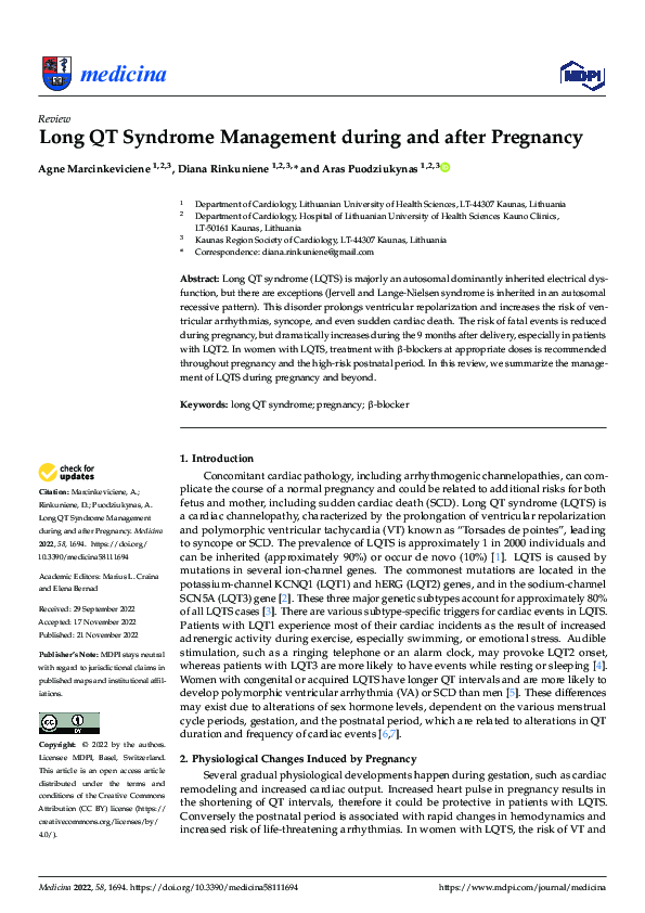 (PDF) Long QT Syndrome Management during and after Pregnancy