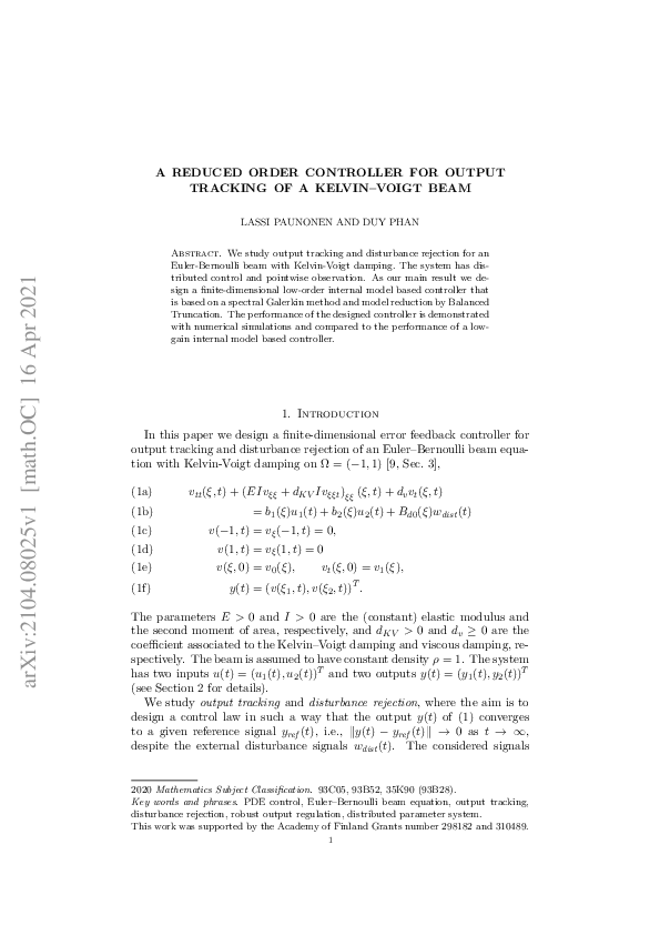 (PDF) A Reduced Order Controller for Output Tracking of a Kelvin–Voigt Beam