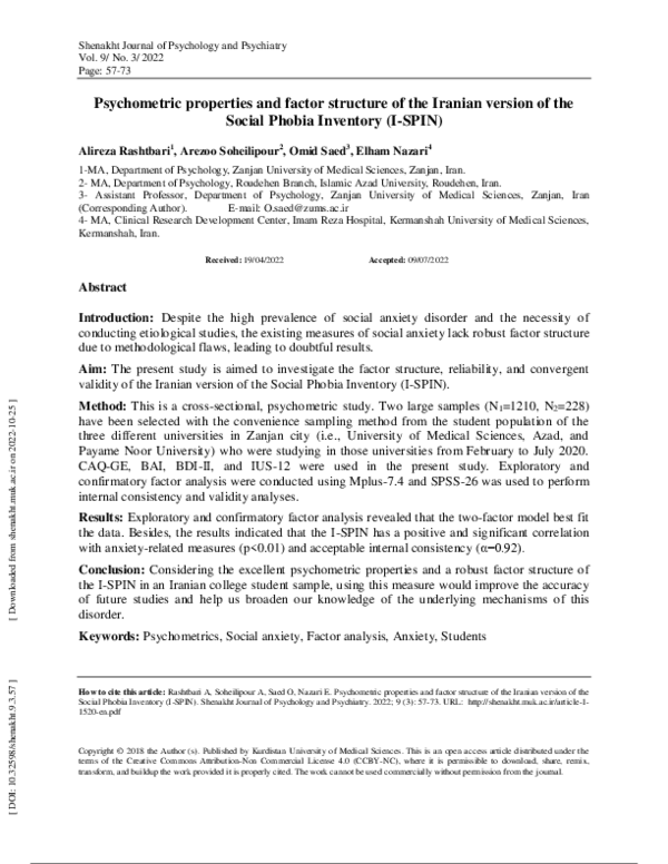 (PDF) Psychometric properties and factor structure of the Iranian ...