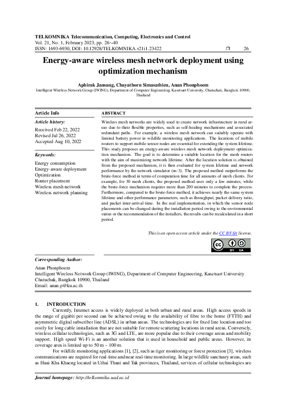 (PDF) Energy-aware wireless mesh network deployment using optimization mechanism | TELKOMNIKA ...