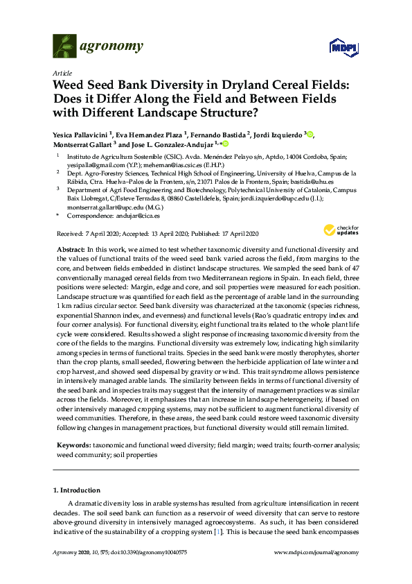 (PDF) Weed Seed Bank Diversity in Dryland Cereal Fields: Does it Differ ...