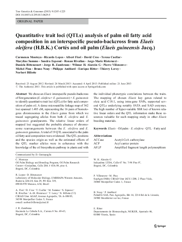 (PDF) Quantitative trait loci (QTLs) analysis of palm oil fatty acid composition in an ...