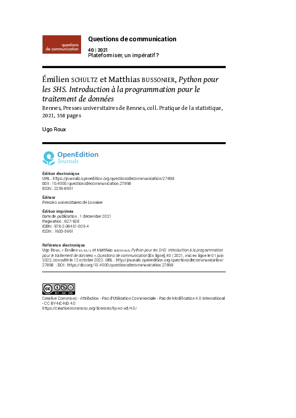 (PDF) Émilien Schultz et Matthias Bussonier, Python pour les SHS. Introduction à la ...