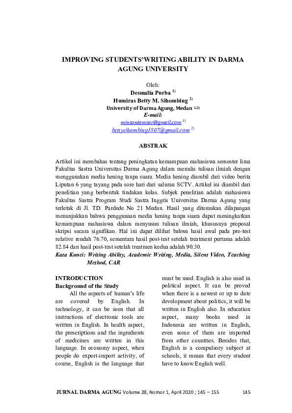 (PDF) Improving Students’Writing Ability in Darma Agung University | Humiras Betty Sihombing ...
