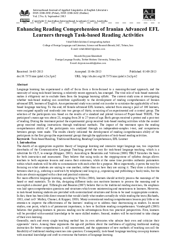 Pdf Enhancing Reading Comprehension Of Iranian Advanced Efl Learners Through Task Based