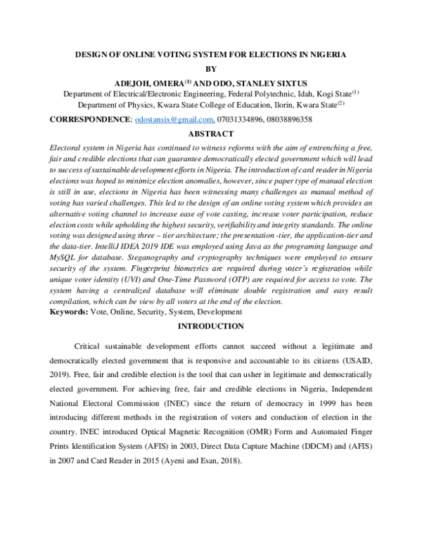 (PDF) DESIGN OF ONLINE VOTING SYSTEM FOR ELECTIONS IN NIGERIA