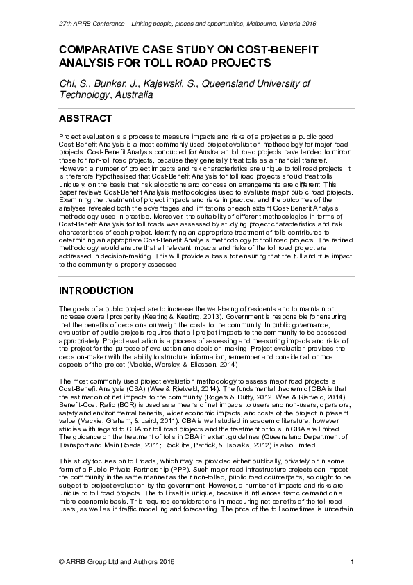 (PDF) Comparative case study on cost-benefit analysis for toll road ...