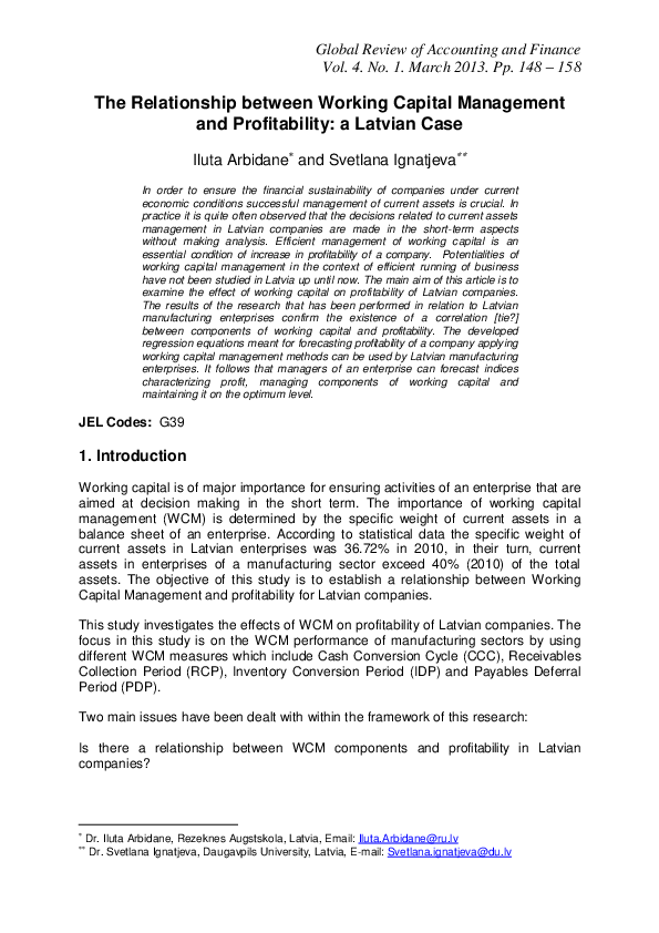 (PDF) The Relationship between Working Capital Management and Profitability: A Latvian Case