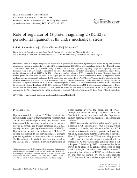 (PDF) Role of regulator of G-protein signaling 2 (RGS2) in periodontal ...