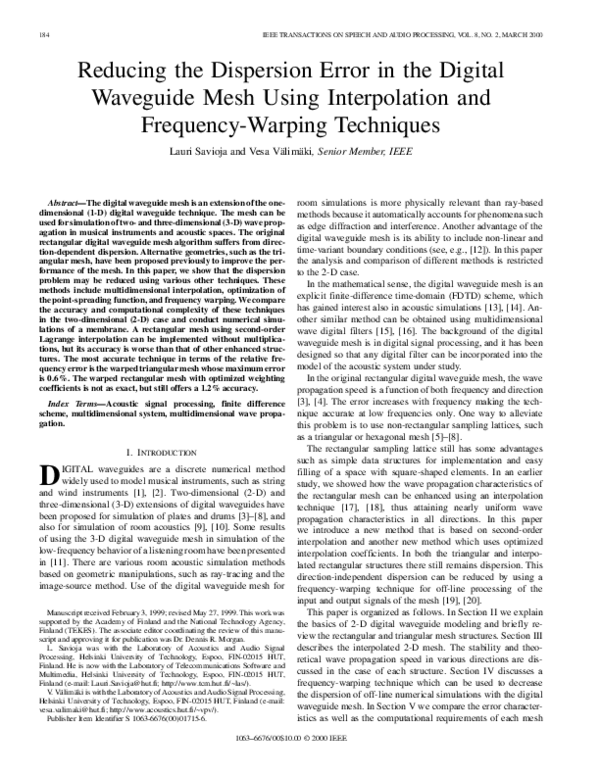 (PDF) Reducing the dispersion error in the digital waveguide mesh using interpolation and ...