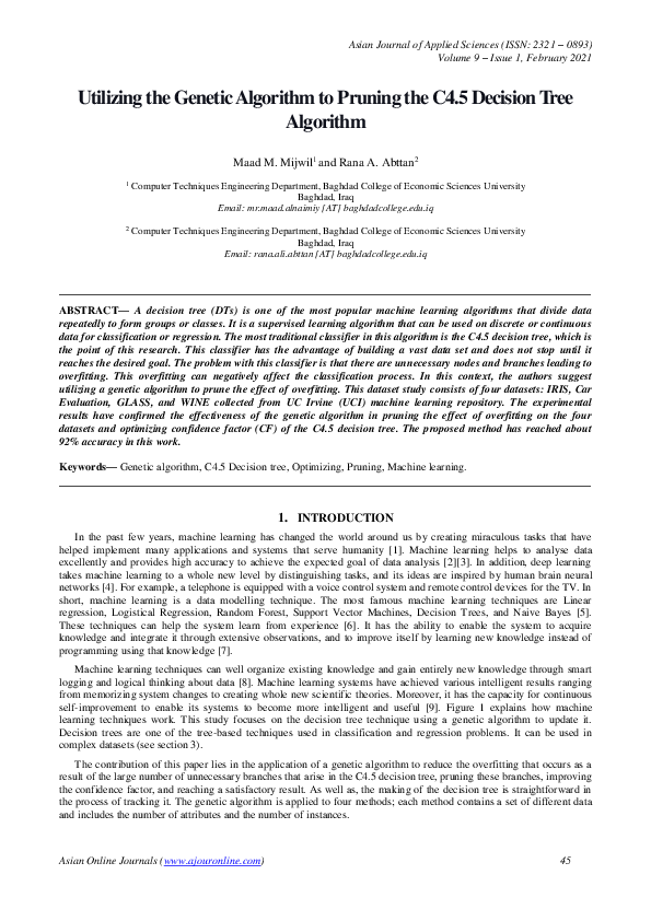 Pdf Utilizing The Genetic Algorithm To Pruning The C4 5 Decision Tree Algorithm