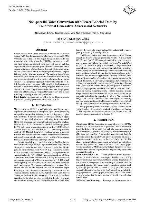 Pdf Non Parallel Voice Conversion With Fewer Labeled Data By Conditional Generative