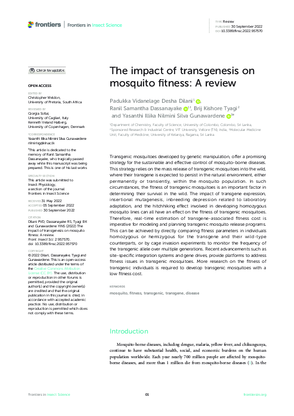 (PDF) The impact of transgenesis on mosquito fitness: A review