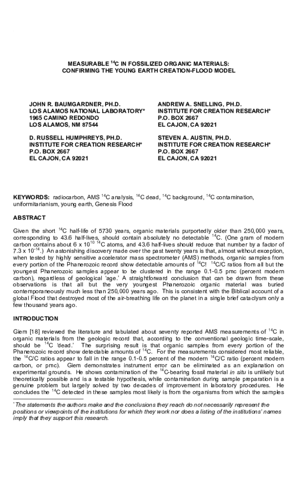 (PDF) Measurable 14C in fossilized organic materials: confirming the ...