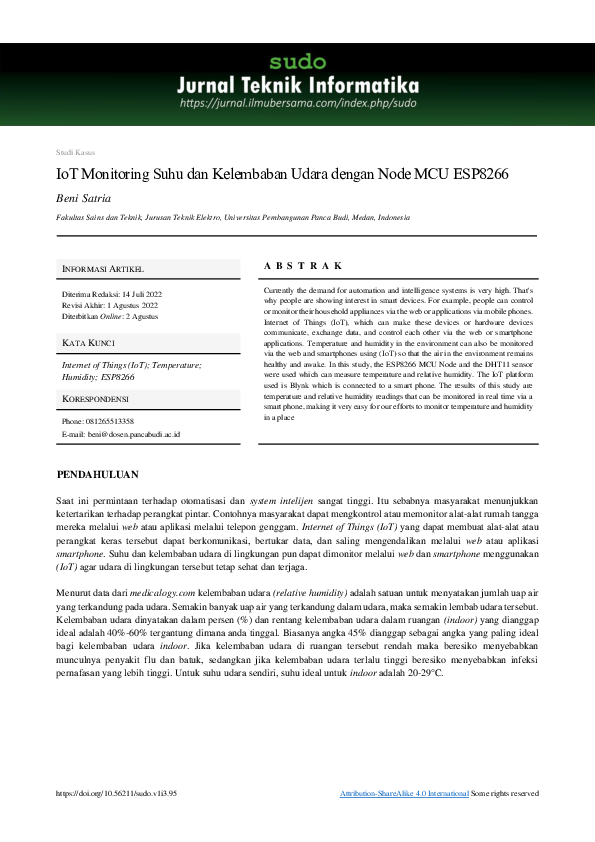 Pdf Iot Monitoring Suhu Dan Kelembaban Udara Dengan Node Mcu Esp8266