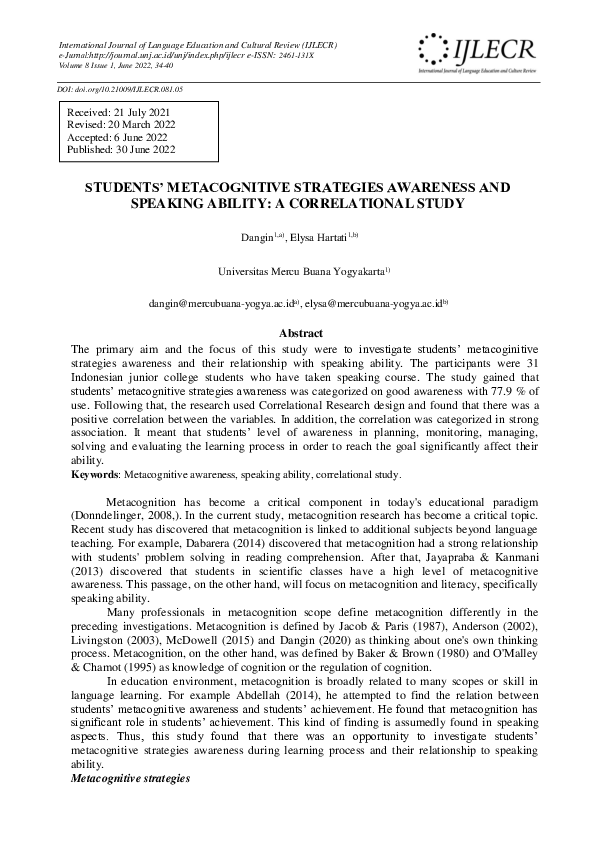 (PDF) Students’ Metacognitive Strategies Awareness and Speaking Ability: A Correlational Study