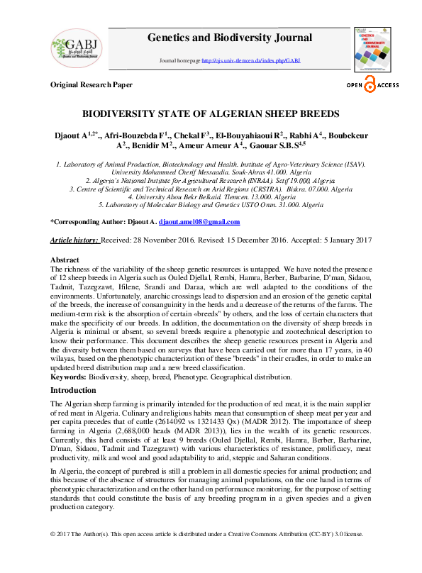(PDF) Biodiversity State of Algerian Sheep Breeds
