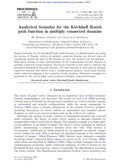 (PDF) Analytical formulae for the Kirchhoff–Routh path function in ...