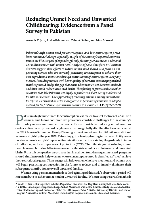 (PDF) Reducing Unmet Need and Unwanted Childbearing: Evidence from a ...