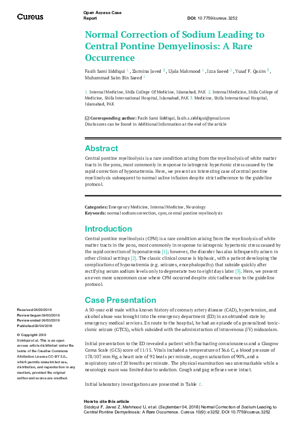 (PDF) Normal Correction of Sodium Leading to Central Pontine ...