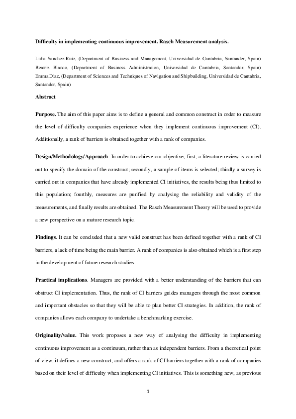 (PDF) Difficulty in implementing continuous improvement – Rasch measurement analysis