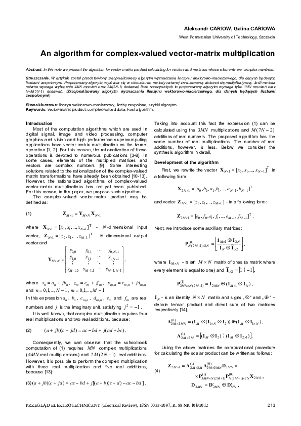 (PDF) An algorithm for complex-valued vector-matrix multiplication