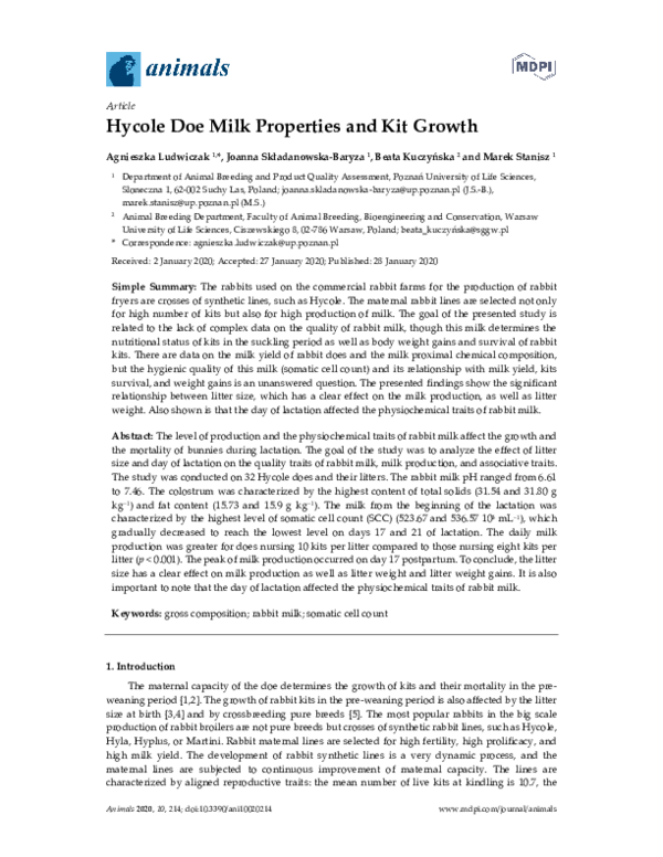 (PDF) Hycole Doe Milk Properties and Kit Growth