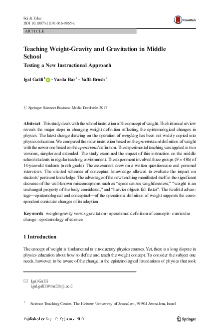 (PDF) Teaching Weight-Gravity and Gravitation in Middle School
