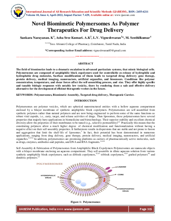 (PDF) Novel Biomimetic Polymersomes As Polymer Therapeutics For Drug Delivery | Sankara ...