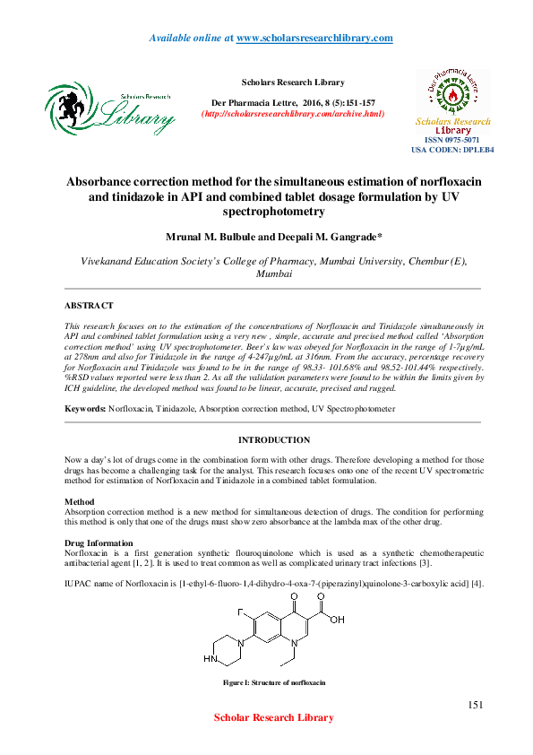 Pdf Absorbance Correction Method For The Simultaneous Estimation Of Norfloxacinand Tinidazole